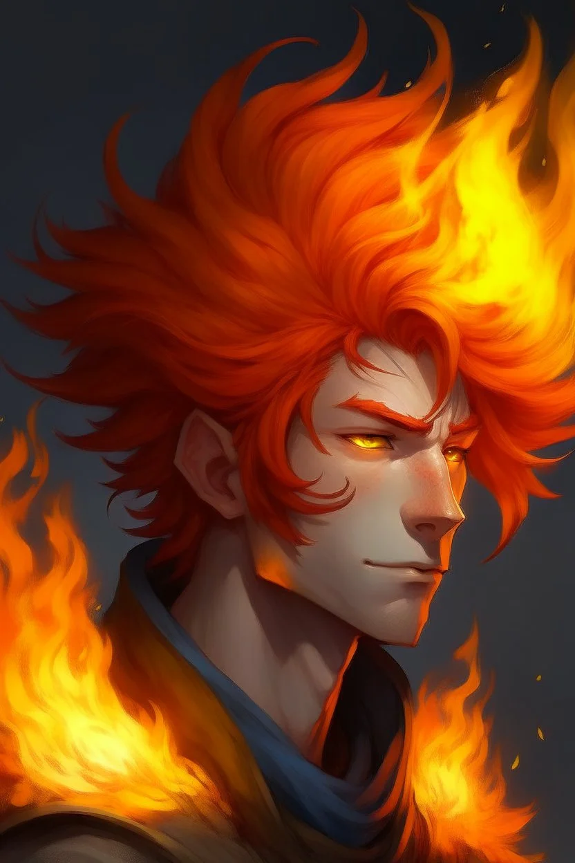 "Male fire genasi fire hair playful" | @Palarran on Stablecog