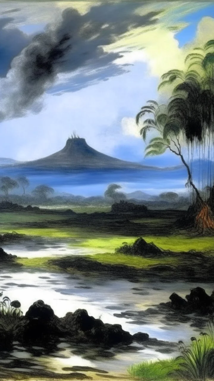 A swamp near a volcano painted by Claude Monet | Gallery