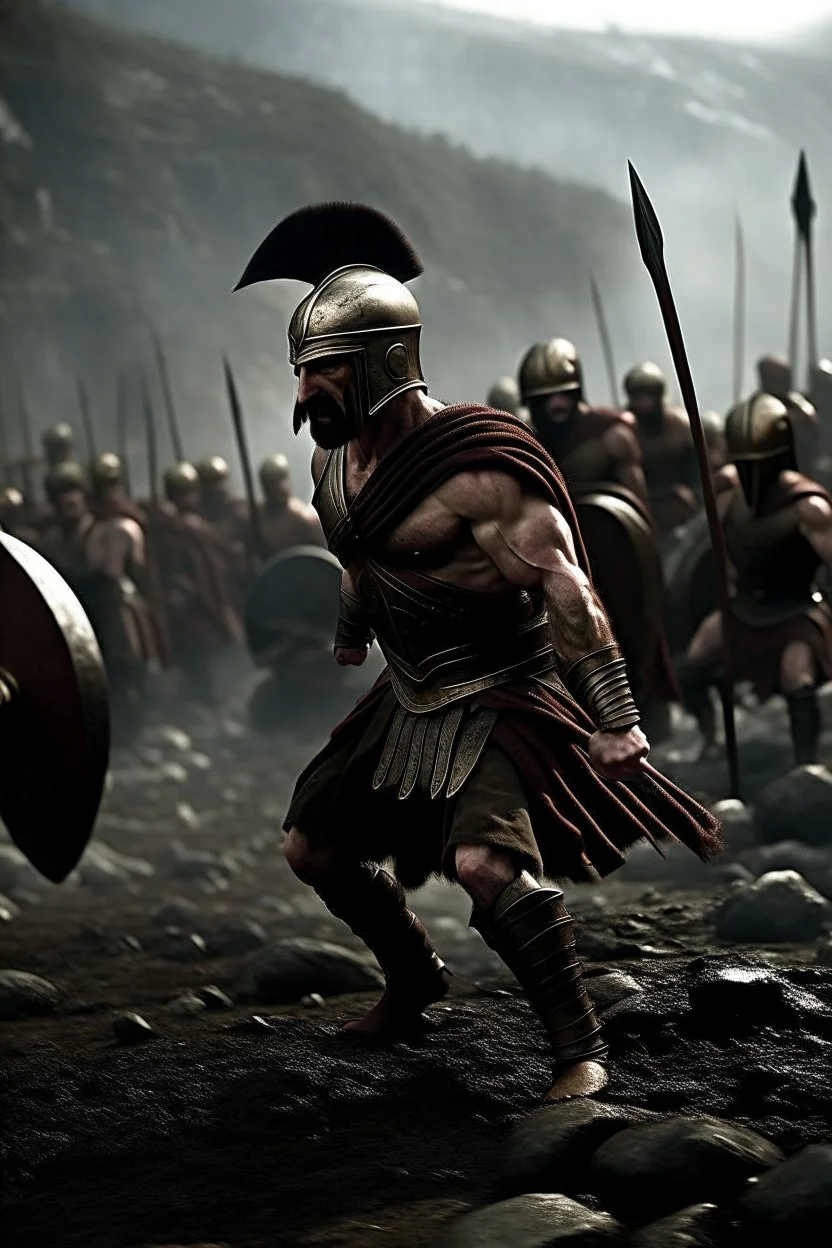 Cinematic shot of King Leonidas holding a spear, i... | Gallery