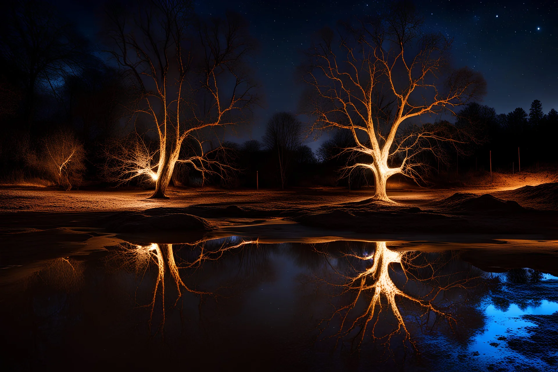 "Night, rocks, puddle, dry trees, phot..." | Gallery | Stablecog