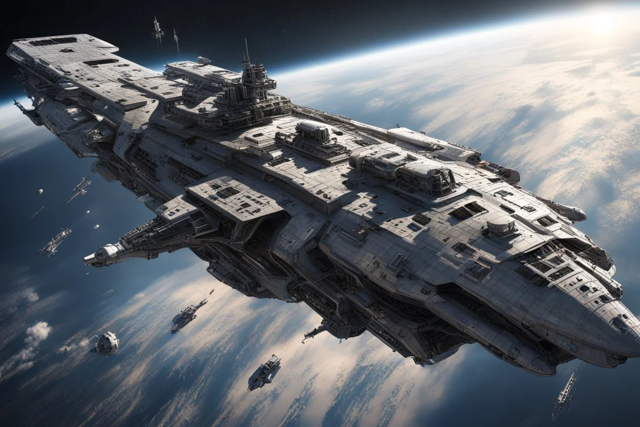Large military warship, futuristic, long, in orbit... | Gallery