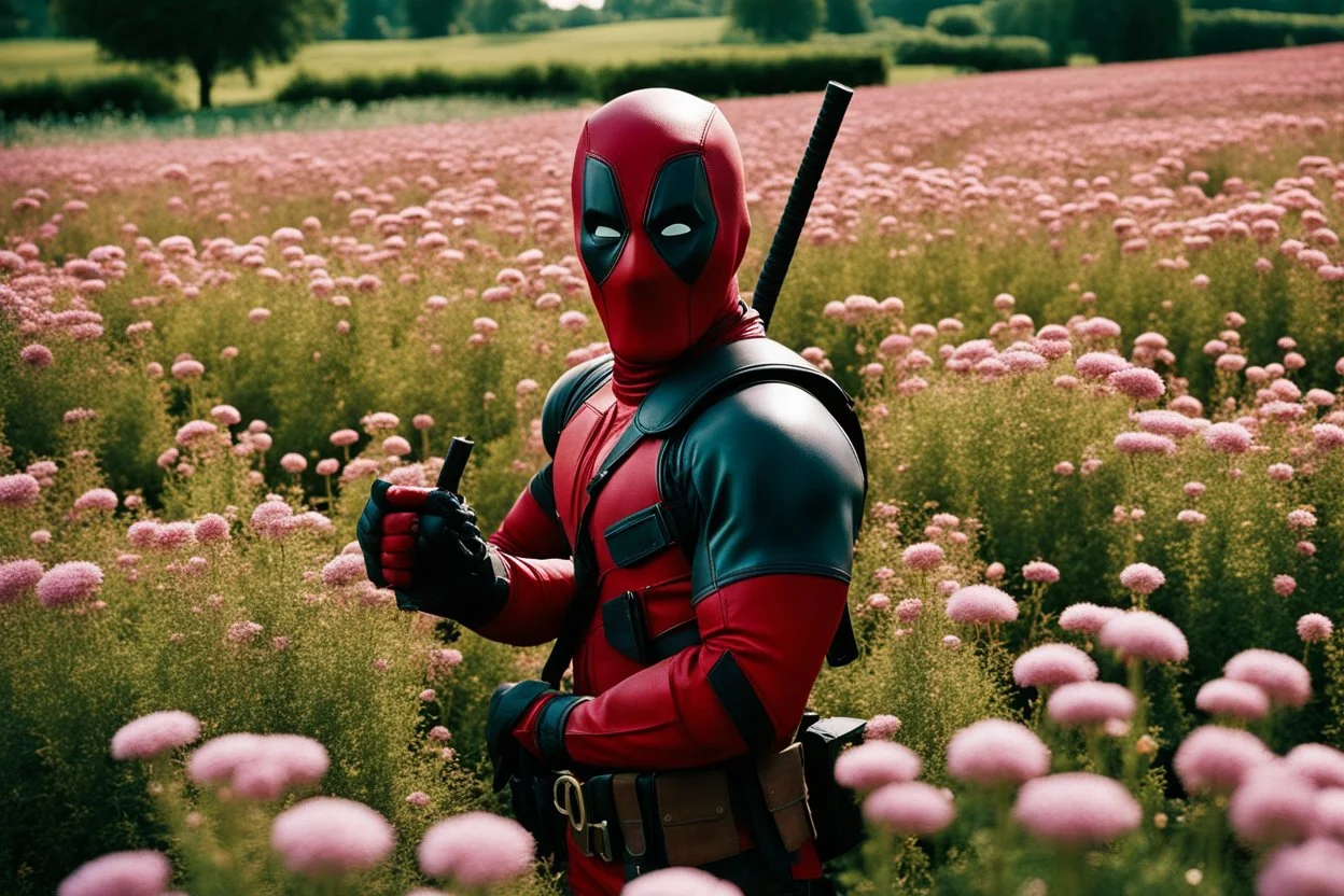 Happy Deadpool standing in a beautiful field of fl... | @Webuser