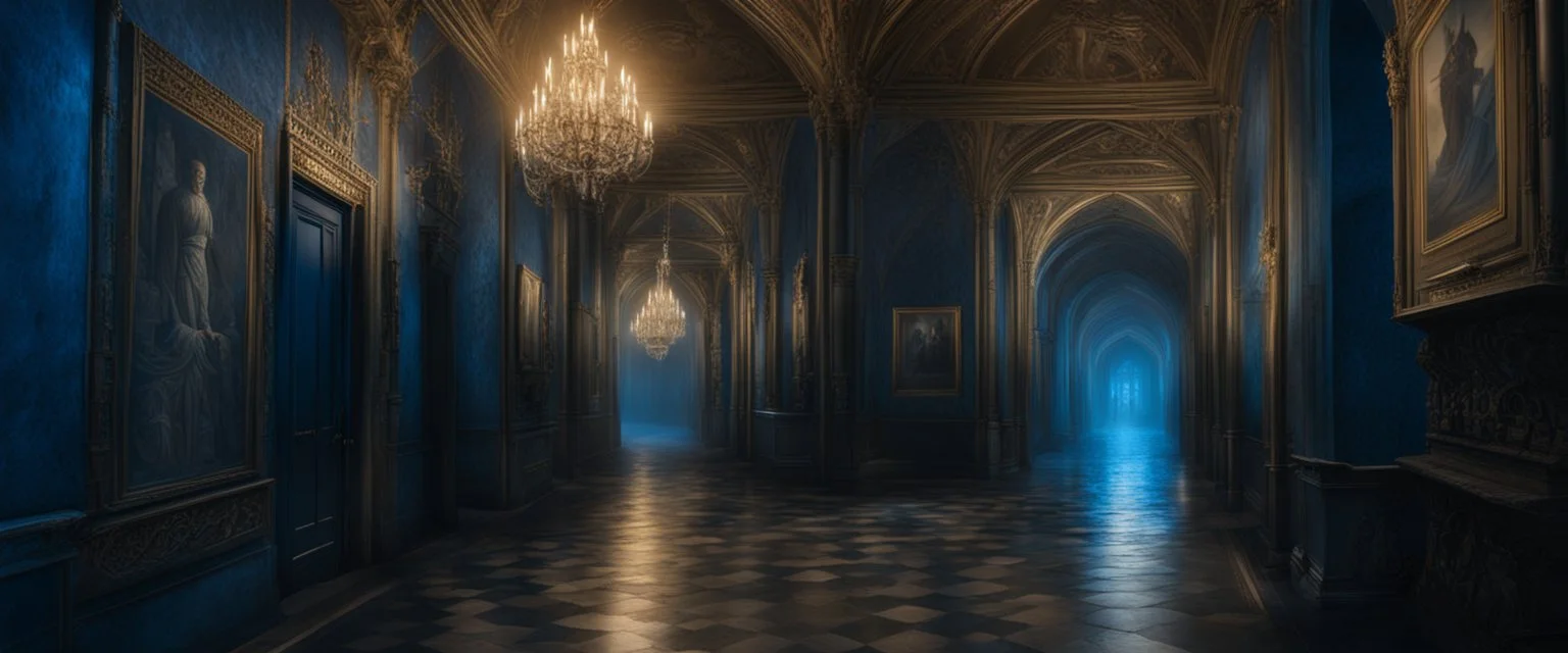 Royal castle hallway, night, blue color, mysteriou... | Gallery