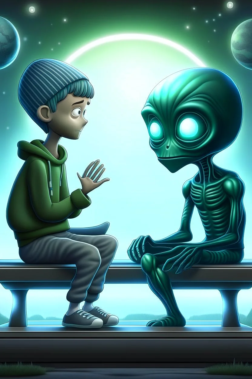 "alien and a boy sitting on a bench. alie..." | @bibibi on Stablecog