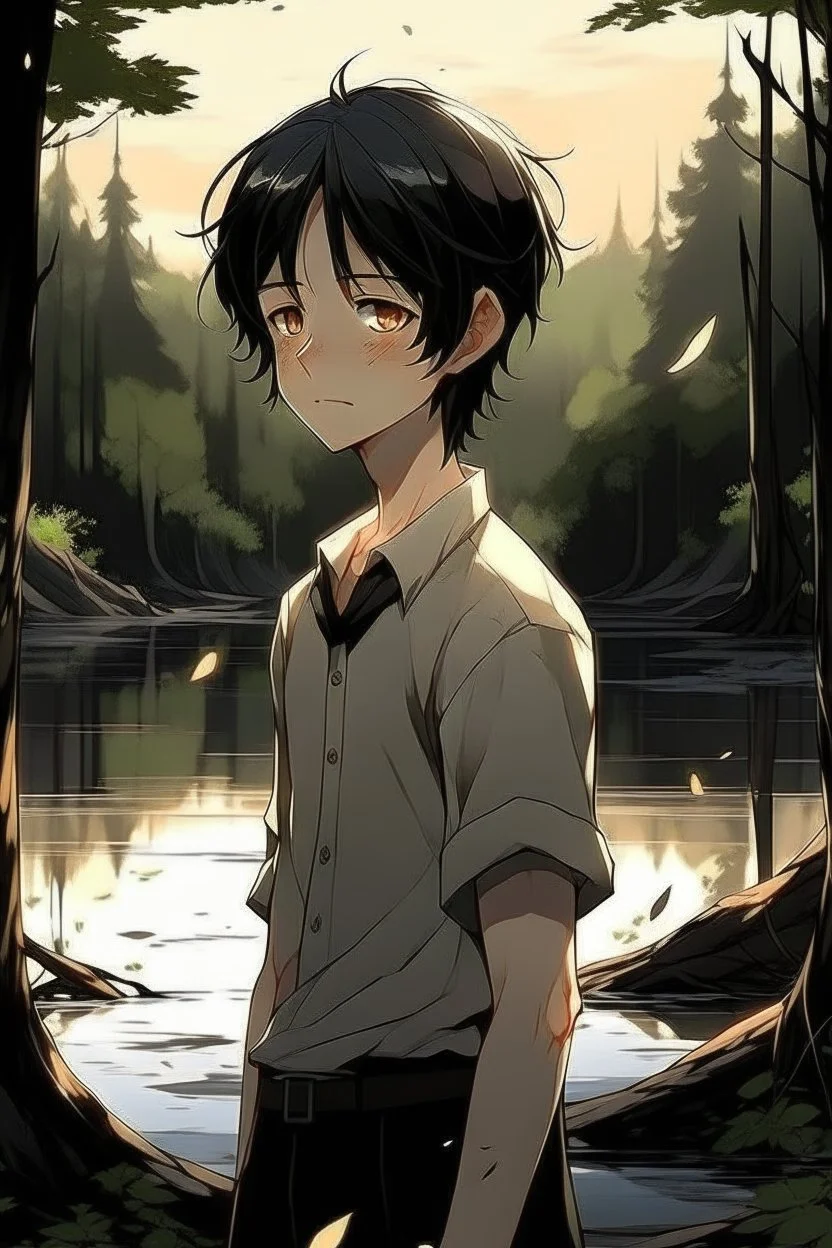 Little anime Boy, 12 yours old, sad, black hair wi... | Gallery