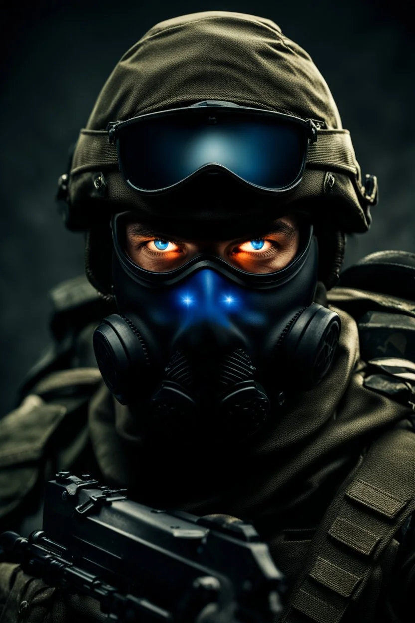 Scary soldier with a mask with glowing blue eyes | Gallery
