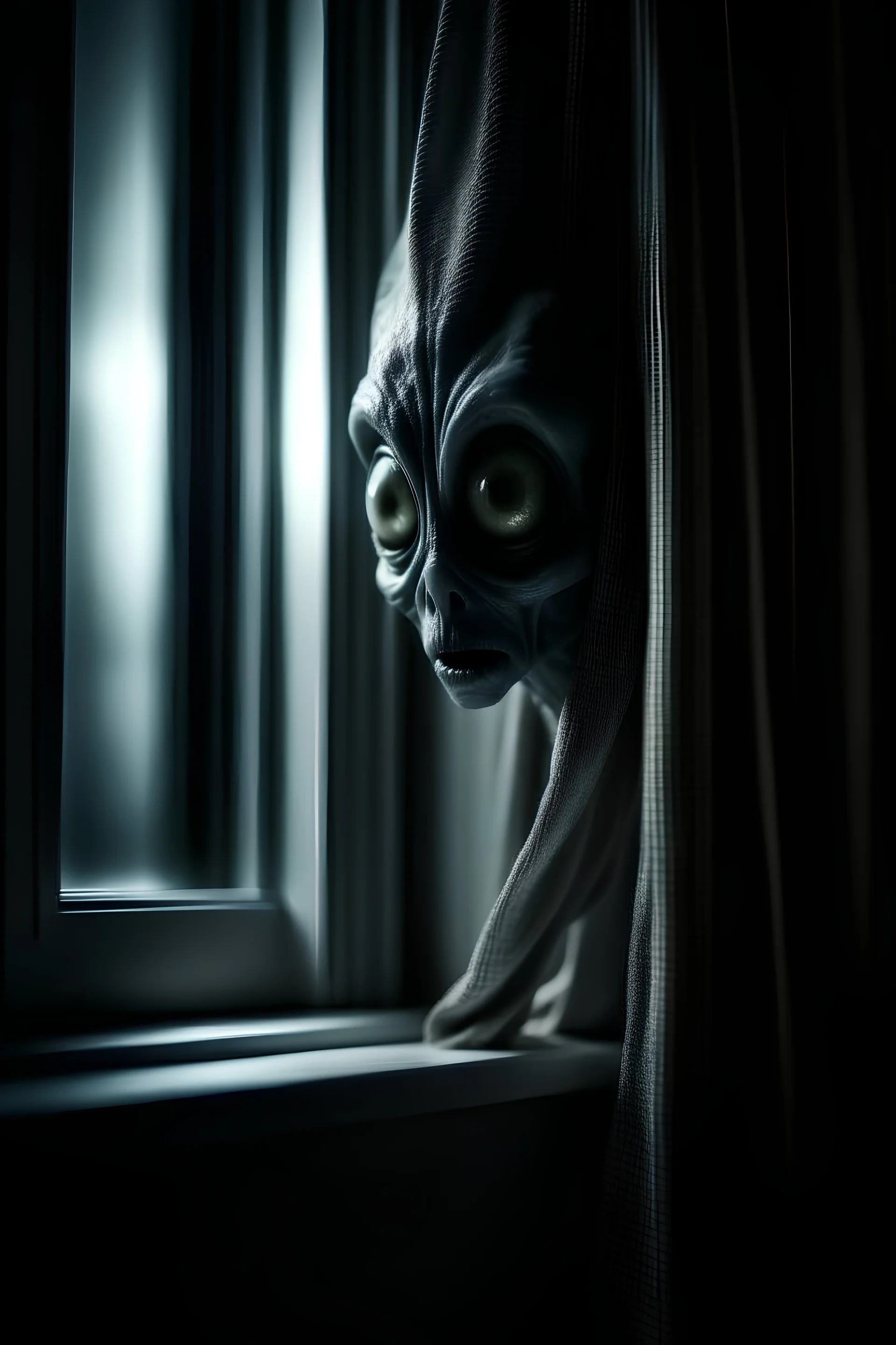 A dynamic shot of a grey alien peeking through a w... | Gallery