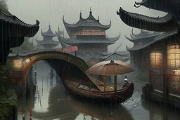 Chinese Jiangnan, ships, rain, arch bridges | @SSR