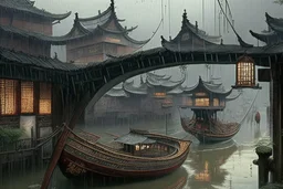Chinese Jiangnan, ships, rain, arch bridges | @SSR